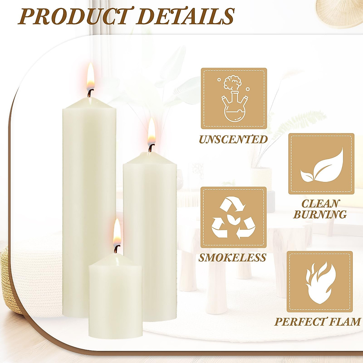 MTLEE 18 Pcs Set of 3 Pillar Candles Ivory Pillar Candle Bulk 2 in x 3, 6, 8 Long Burning Candles Clean Unscented Smokeless Pillar Candles for Wedding Emergency Lanterns Vigil Ceremony Party(White)