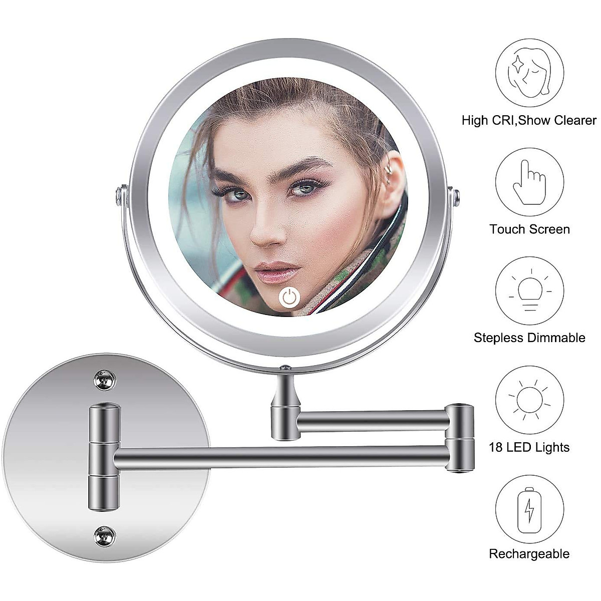 Wall Mounted Makeup Mirror, 1X 10X Magnification 360 Degree Rotation Double Sided Led Lighted Vanity Mirrors for Bathroom AC Adapter or Battery Operated
