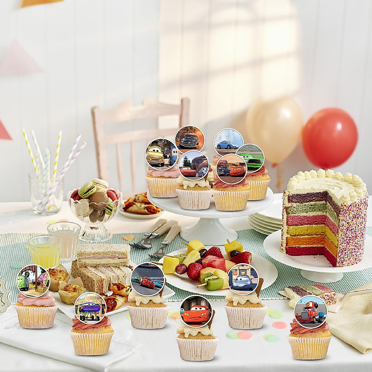 24pcs Cars Cake Toppers Cupcake Ring Decor for Kids Cars Theme Birthday Party Supplies Baking Decorations Party Favors