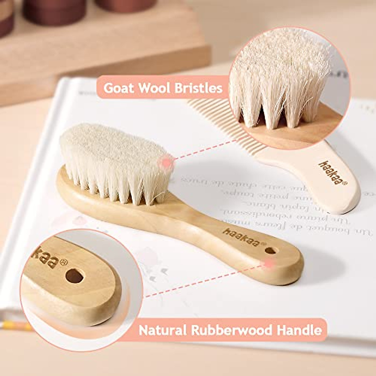 haakaa Baby Hair Brush and Comb Set for Newborns & Toddlers, Natural Hair Comb Wooden Comb Perfect Baby Shower and Registry Gift - Ideal for Cradle Cap