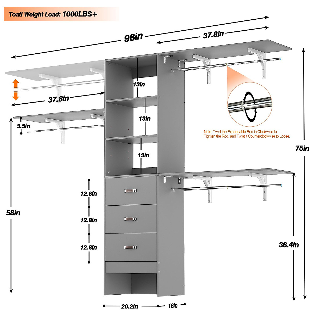 iSunirm 8FT Closet System, 96'' Closet Organizer System with 3 Hanging Rods, Wall Mount Bedroom Wardrobe with 3 Drawers Walk-in Closet, Adjustable Cloth Garment Rack from 5 to 8FT (Cut to Fit), Grey