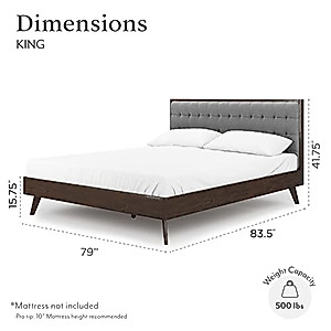 DG Casa Soloman Mid Century Modern Upholstered Platform Bed Frame with Square Button Tufted Headboard and Full Wooden Slats, Box Spring Not Required - King Size in Gray Fabric