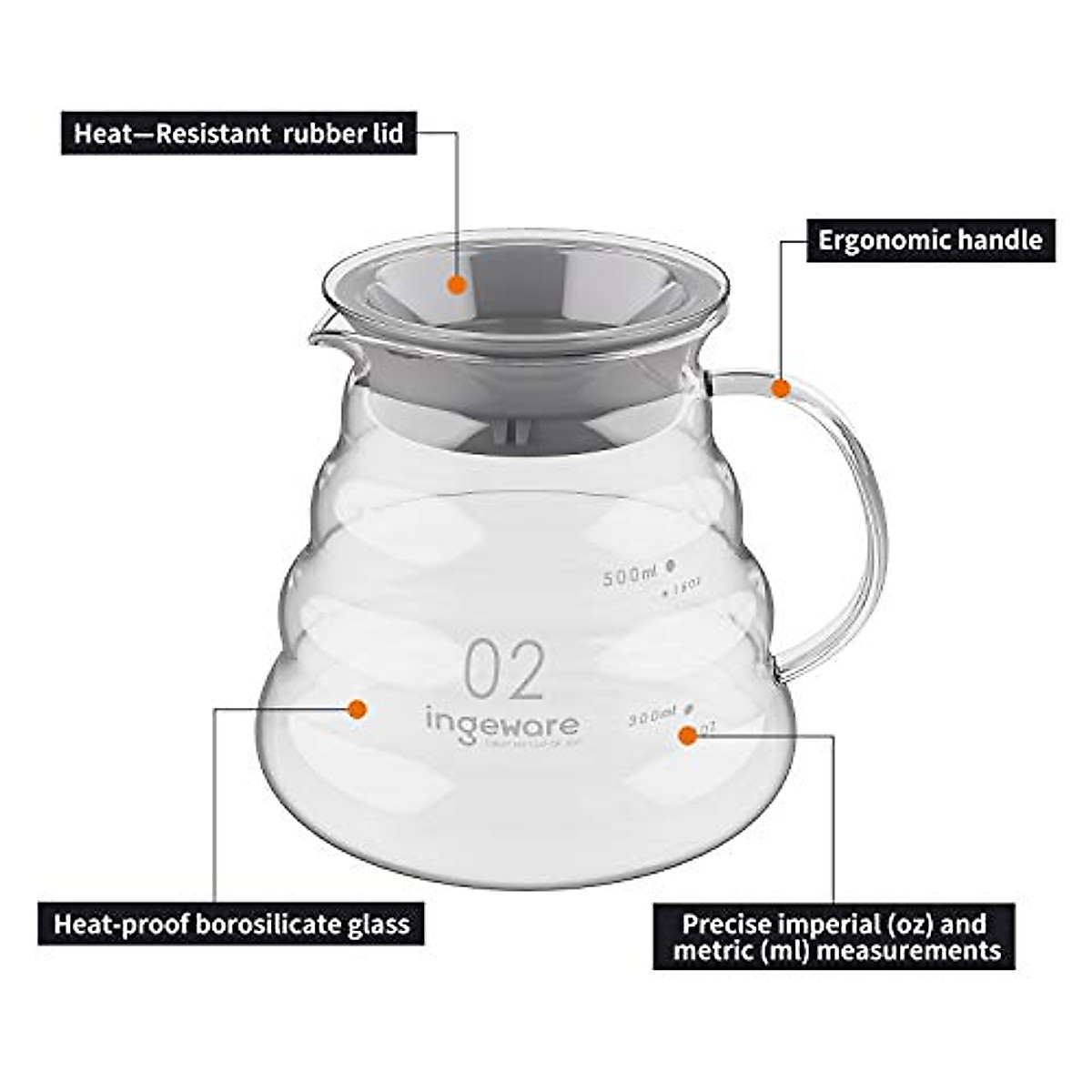 Ingeware Glass Coffee Carafe, 600ml Pour Over Glass Coffee Server Coffee Pot Maker Clear Pour Over Carafe 20oz Capacity