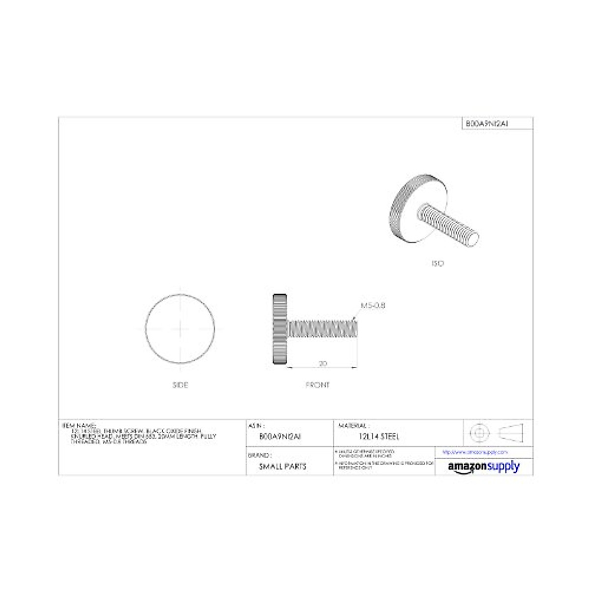 12L14 Steel Thumb Screw, Black Oxide Finish, Knurled Head, Meets DIN 653, 20mm Length, Fully Threaded, M5-0.8 Metric Coarse Threads, Imported