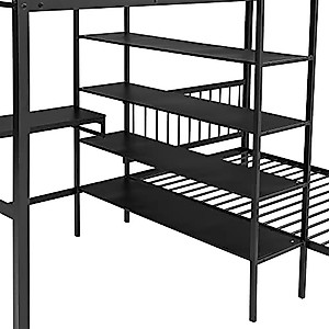 YOPTO Full Over Twin Metal Bunk Bed with Built-in Desk, Four Built-in Storage Shelves and Ladder, No Box Spring Required,Maximized Space,Bedroom Furniture for Children,Teens,Adults,Black