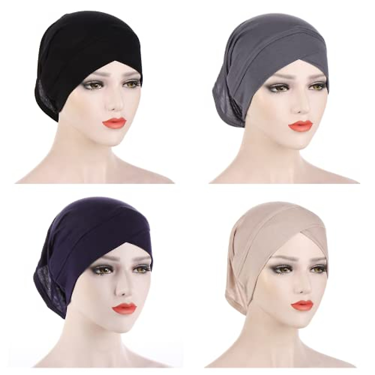 4 Pieces Muslim Inner Hijab Cap for Women Cross Turban Underscarf Undercap Bonnet Islamic Jersey Tube Caps