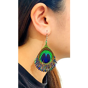 Swimmi Iridescent Peacock Feather Earrings, Hand Beaded Rainbow Color Beads Peacock Earrings for Women, Handmade Dangle Drop Feather Earrings Fashion Jewelry FA014