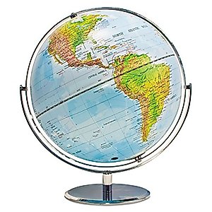 12" World Globe with Blue Oceans, Raised Relief, Silver, Semi-Meridian