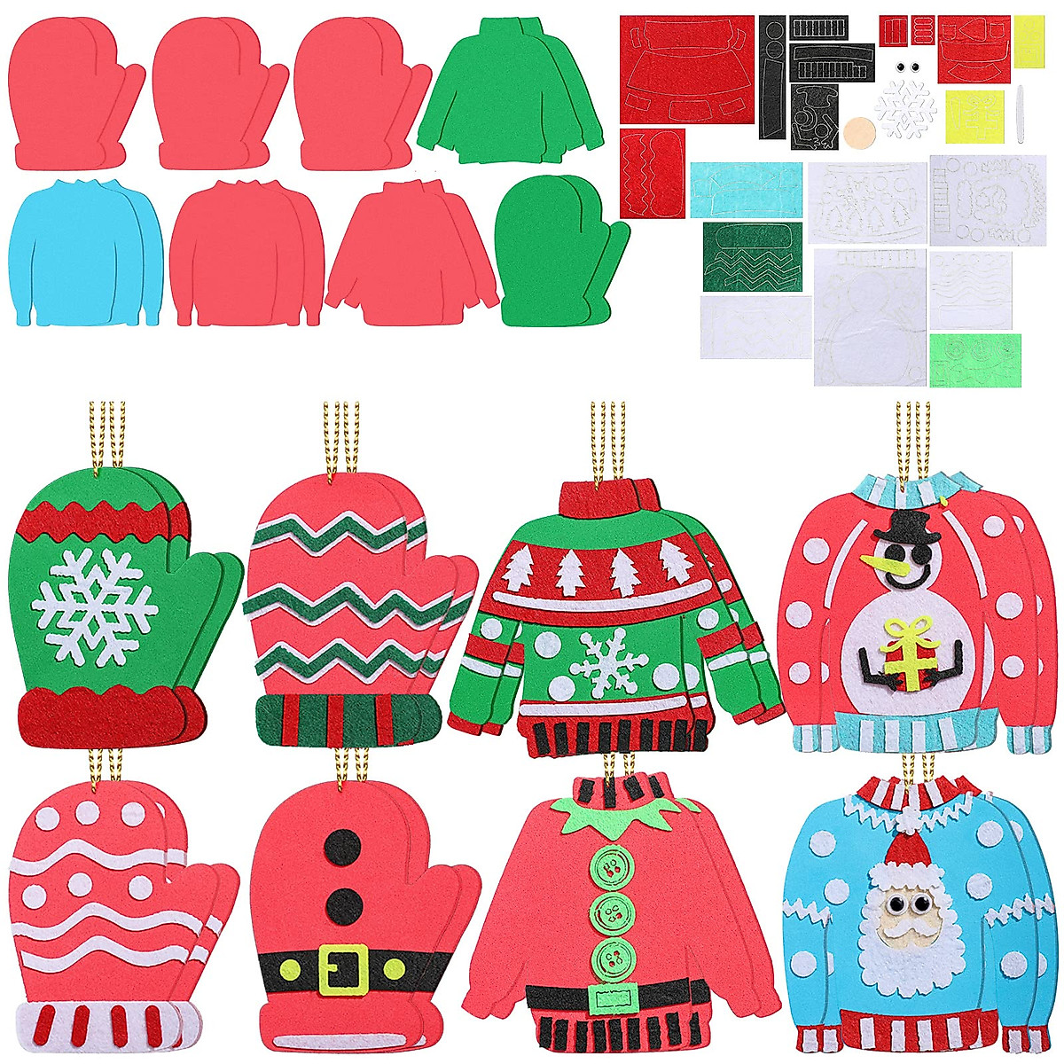 16 Pcs Christmas Sweater Foam Mitten Crafts, Christmas Tree Ornament Sets includes 8 DIY Ugly Sweater and 8 Mitten Foam Ornament Holiday Craft Kit Homemade Kits for Kids Home Activities