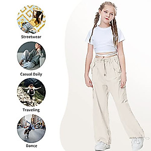 Rolanko Girls Parachute Pants, Cargo Pants for Girls Baggy Y2K Loose Jogger Trousers with Pockets for Kids (Beige, 8-10)