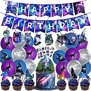 Wolf Party Decorations Galaxy Wolf Birthday Party Supplies Girl Boy Wolf Themed Decorations for Birthday Party, Wolf Party Balloons, Banner, Hanging Swirls, Cake Cupcake Toppers and Tattoos