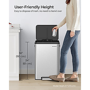 SONGMICS Kitchen Trash Can, 10.5-Gallon (40L) Garbage Can with Lid and Wide Foot Pedal, Soft Close and Stays Open, Silver ULTB541E40