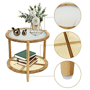 PaNeTnya 22 inch Bamboo Side Table End Table,2 Tier Round Side Table with Rattan Shelf and Glass Tabletop,Coffee Table for Living Room,Dining Room and Bedroom