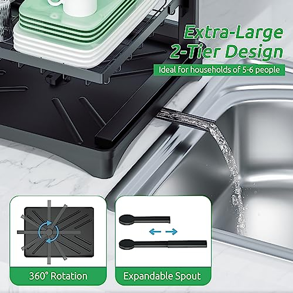 KOOTETA Dish Drying Rack, 2-Tier Dish Rack for Kitchen Counter, Space Saving Kitchen Drying Rack, Dish Dryer Rack with Drainboard, Utensil Holder and Cup Holders, Black