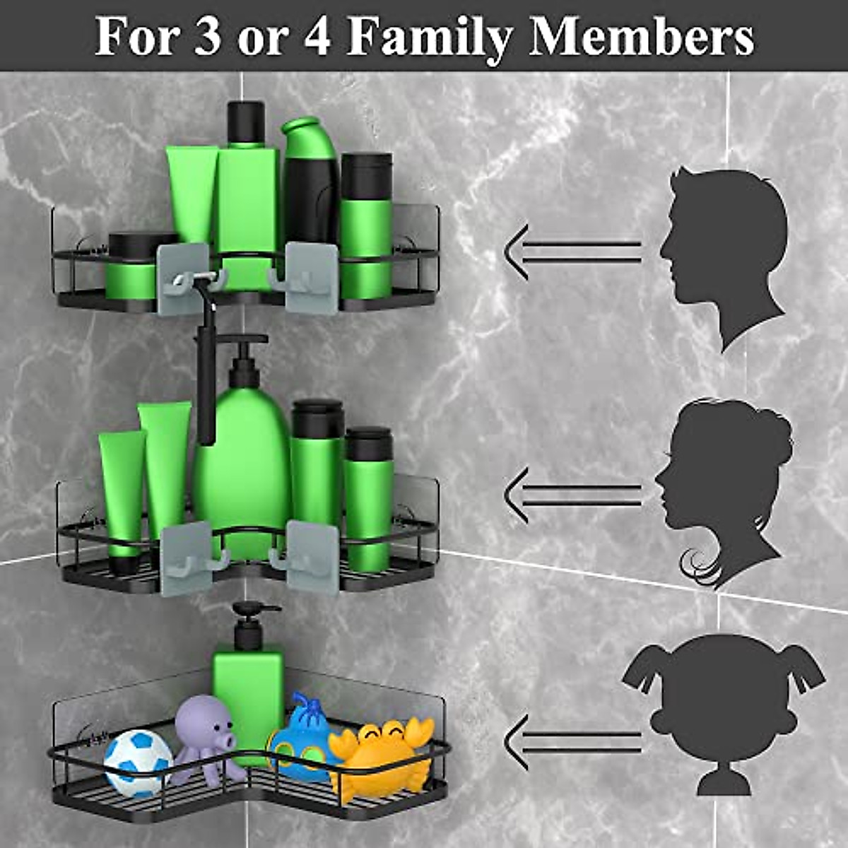 Zaspaver Black Corner Shower Caddy Organizer Shelf Shelves Basket with Hooks, Bathroom Adhesive Shampoo Holder 3 Pack, Drill Free No Rust