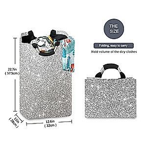 Laundry Hamper Silver Glitter Sparkle Bling Large Storage Bins Waterproof Foldable Canvas Laundry Hamper Bucket with Handles for Storage Bin,Kids Room,Home Organizer,Nursery Storage,Baby Hamper
