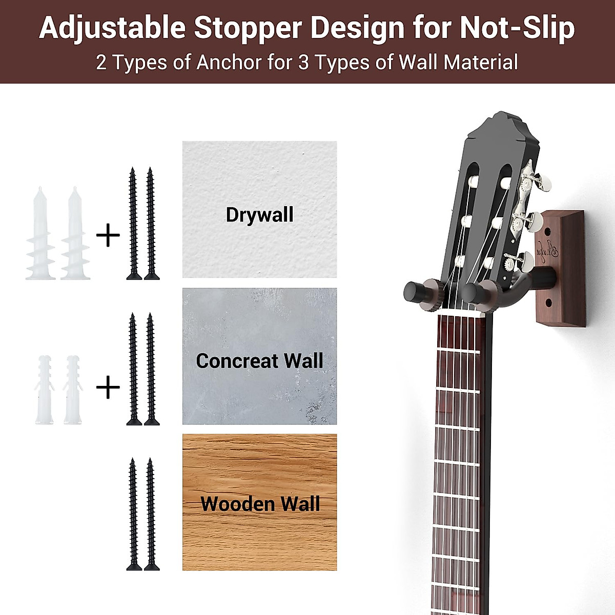 Ohuhu Guitar Wall Mount Hanger Walnut 2-Pack, Guitar Hanger Wall Hook Holder Stand for Bass Electric Acoustic Guitar Ukulele