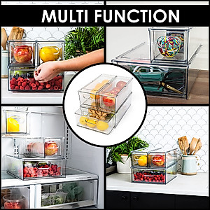JRA products Pack of 3 Fridge Organizer with Pull-out Drawers Large Stackable Refrigerator Organizer Bins Set with Handles Clear Pantry Storage Bins for Kitchen, Freezer, and Cabinet
