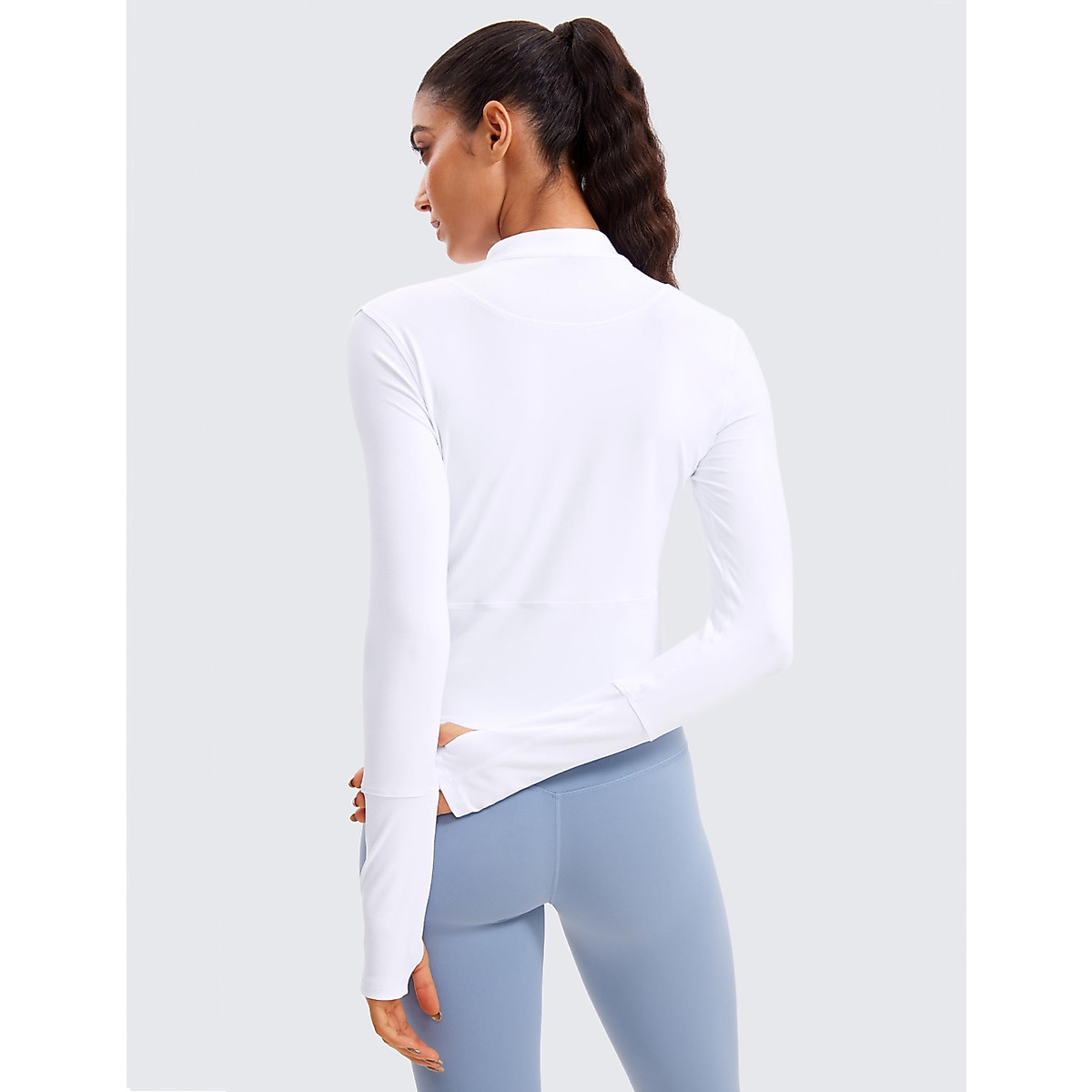CRZ YOGA Women's Long Sleeve Crop Top Quick Dry Cropped Workout Shirts Half Quarter Zip Pullover Running Athletic Fall Shirt White Medium