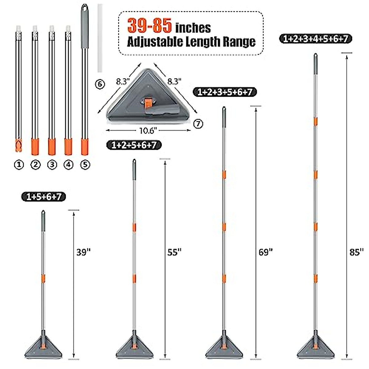 85 Inch ​Wall Mop Wall Cleaner with Long Handle , 360° Rotating Microfiber Dust Mop, Skirting Cleaning Tool Ceiling Gasket Window Cleaning Kit with 39" to 85" Extension Pole and 6 Replacement Pads