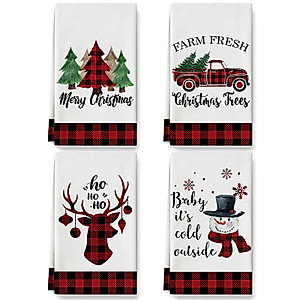 AnyDesign Christmas Kitchen Dish Towels 18 x 28 in Buffalo Plaids Reindeer Xmas Tree Truck Snowman Tea Towel Red Black Plaids Ultra Absorbent Cloth Hand Drying for Cooking Baking Home Supplies, 4Pcs