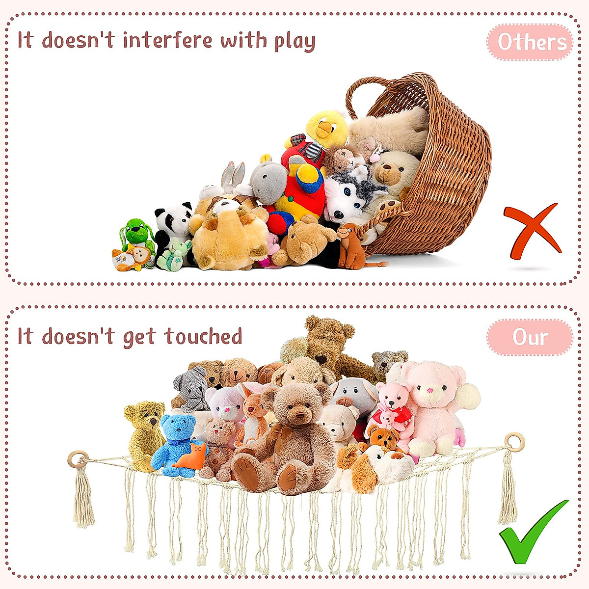 Stuffed Animal Net Hammock Macrame Boho Toy Hammock with LED String Light Stuffed Animal Hanging Storage Organizer Wall Corner Toy Net Holder Display with Tassel (Beige,43.3 x 34.6 x 34.6 Inch)