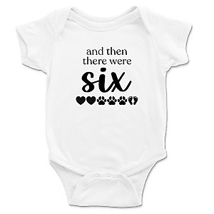 SARBIEN Designs & Then There Were Six Baby Dog Pregnancy Announcement Bodysuit | Baby Shower Reveal Romper | Coming Soon Surprise Gift, White
