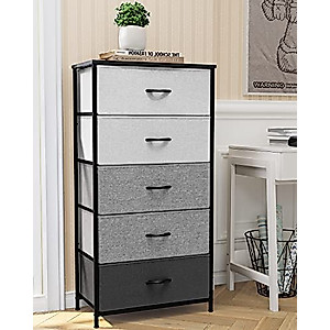 JOINHOM Dresser Storage Tower with 5 Drawers, Fabric Tall Dresser Drawer for Bedroom, Office, Entryway, Living Room and Closet- Sturdy Steel Frame, Easy Pull Bins & Wooden Top