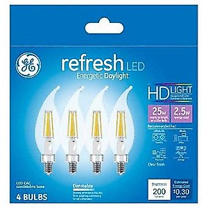 Ge Lighting 45567 2.5 Watt E12 Cac Clear Daylight Led Dimmable Refresh Hd Light Bulbs 4 Count
