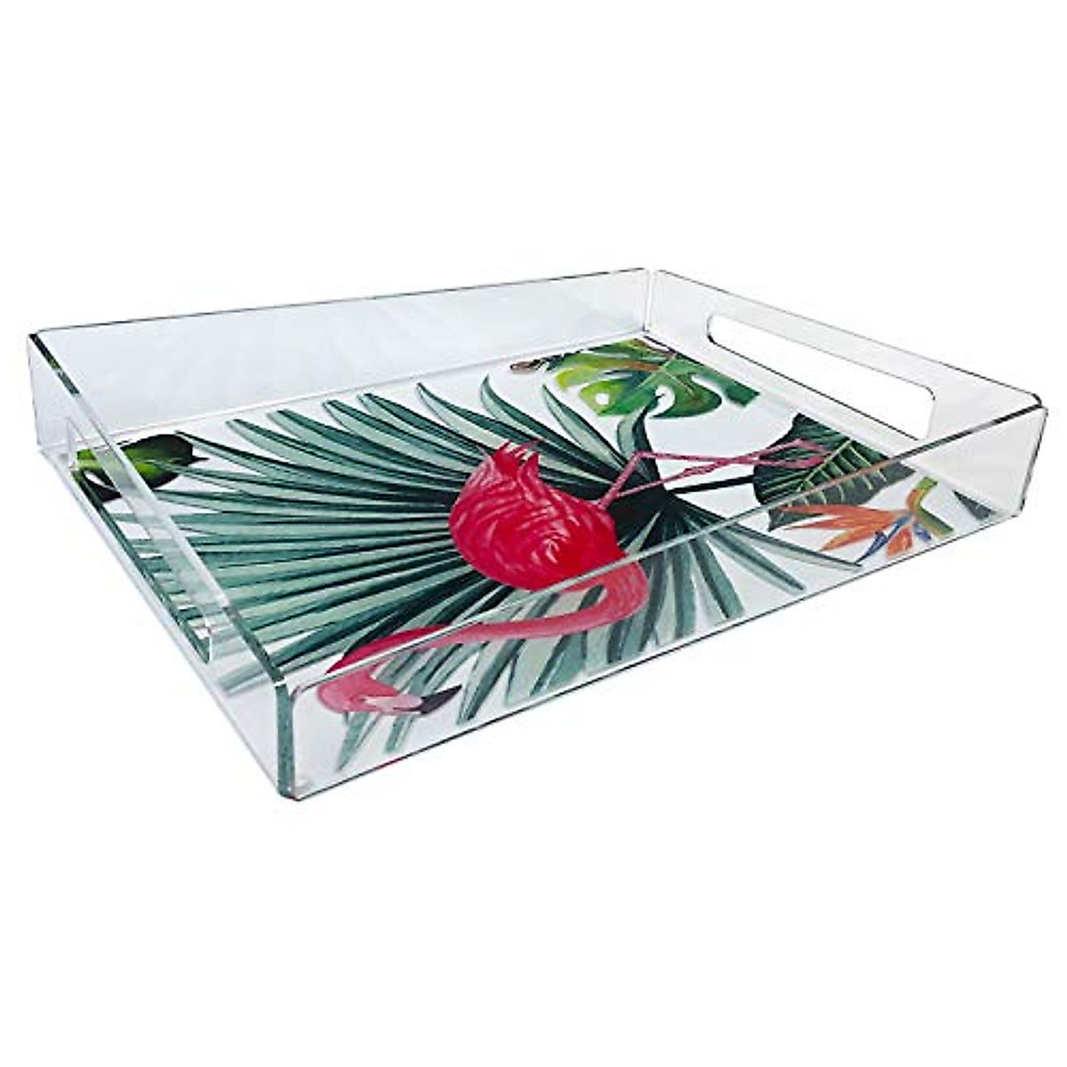 Idea Design Studio Clear Acrylic Animal Print Decorative Serving Tray (Flamingo, Large, 15.75 x 12 x 2.5 Inches)