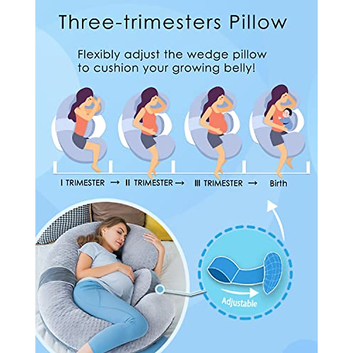 QUEEN ROSE Pregnancy Pillows, E Shaped Full Body Pillow for Sleeping, with Pregnancy Wedge Pillow for Belly Support, 60 Inch Maternity Pillow for Side Sleeper, Grey Bubble Velvet