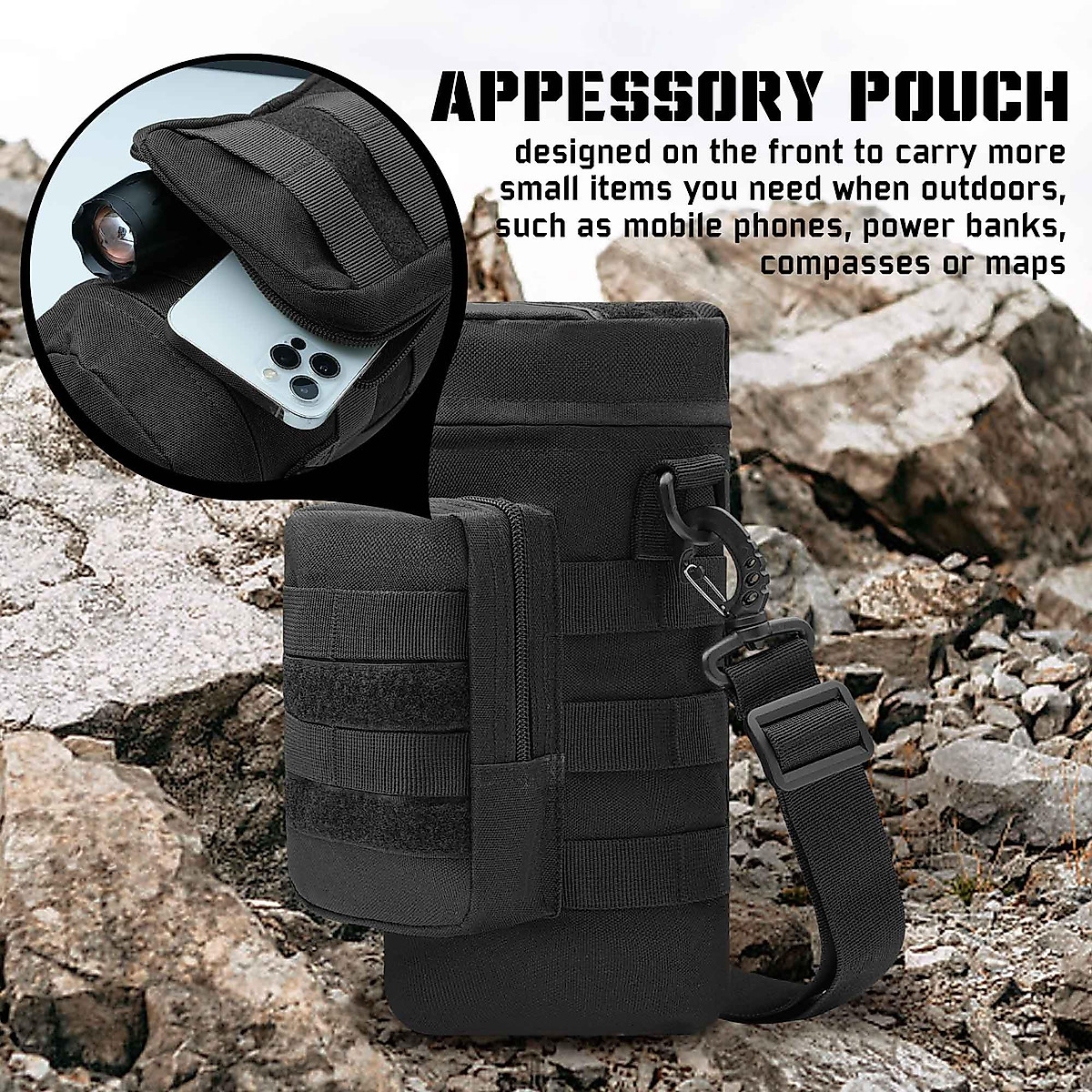 Molle Water Bottle Pouch, Tactical Black Water Holder Carrier with Pocket Stap for Hiking Camping