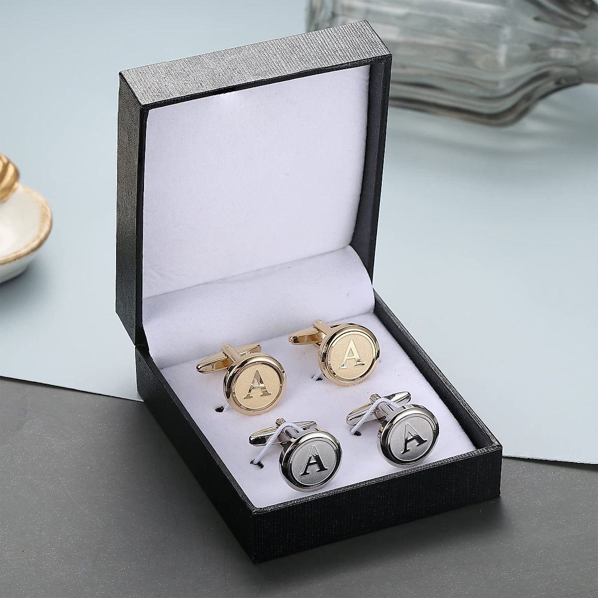 ORAZIO 2 Pairs Cufflinks for Men Stainless Steel Personalized Initial Cufflinks Silver Gold Engraved Cuff Links Alphabet Letter A-Z with Gift Box for Father Husband
