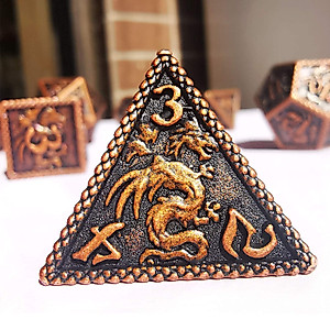 MJDICEOK Dragon Metal DND Dice Set 7 Role Playing Dice Solid D&D Dice Red Copper