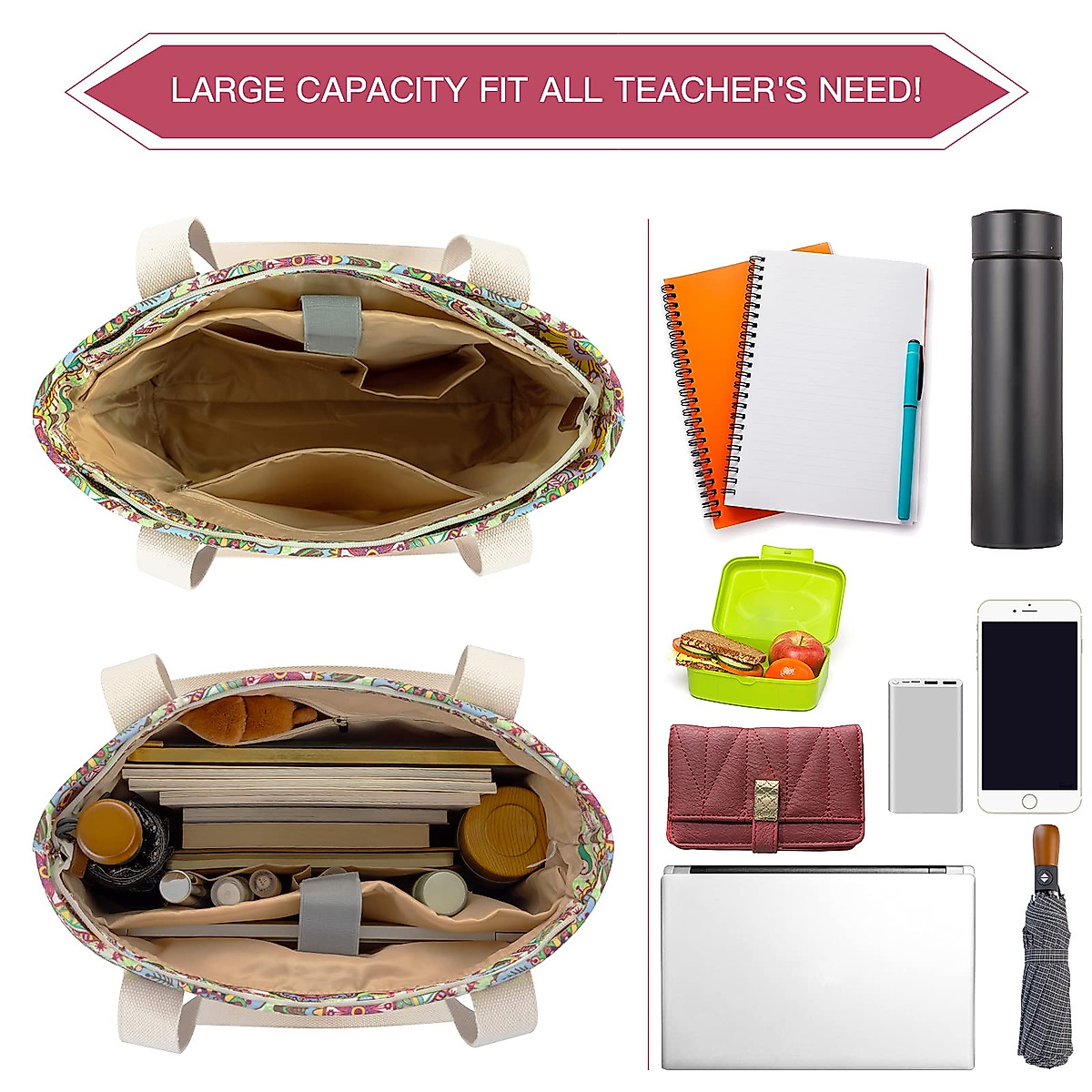 Muzale Teacher Appreciation Graduation Gifts for Women, Large Floral Tote Bag with Special Word for Beginning Teacher, End of Year Teacher Gift for Christmas, Birthday, Graduation, Last Day Of School