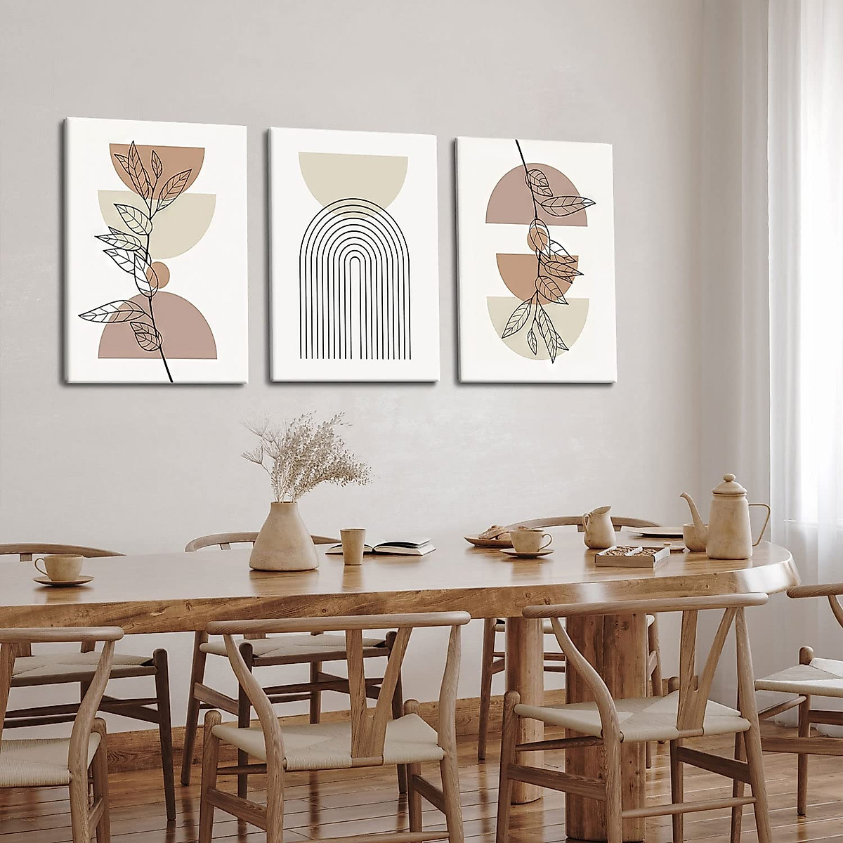 Modern Boho Wall Art Set of 3 - Abstract Geometric Line Leaf Beige Botanical Canvas Paintings Prints Wall Decor, Minimalist Wall Art for Living Room, Bedroom, Office - Framed 12x16 in