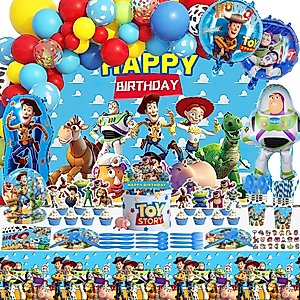 269Pcs Birthday Party Supplies, Cartoon Birthday Party Decorations for Serves 10 Guests, Include Backdrop, Cake & Cupcake Toppers, Latex Balloons, Tablecloth, Tableware, Foil Balloons and Stickers