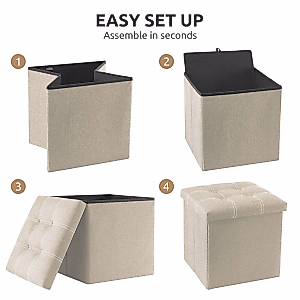 YOUDENOVA 15 inches Storage Ottoman Cube, Foldable Storage Boxes Footrest Step Stool, Padded Seat for Dorm Living Room, Support 300lbs, Line Fabric Beige