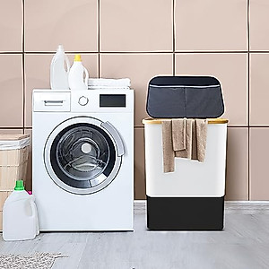 ROPECUBE 145L laundry basket with Lid, Large Foldable Laundry Hamper for laundry with net bag,Clothes Basket Organizer with 2 storage bag for Bedroom and Bathroom (Black and White)