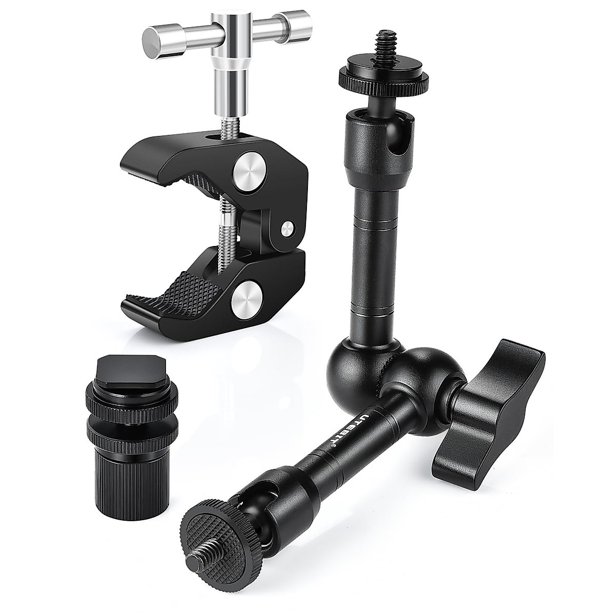 UTEBIT Adjustable Magic Arm with Super Clamp,9 inch with 1/4" and 3/8" Thread,Articulating Arm Clamp Friction Power Arm Crab Screw Kit for LCD Monitor, LED Light, Flash Light, Camera Rig