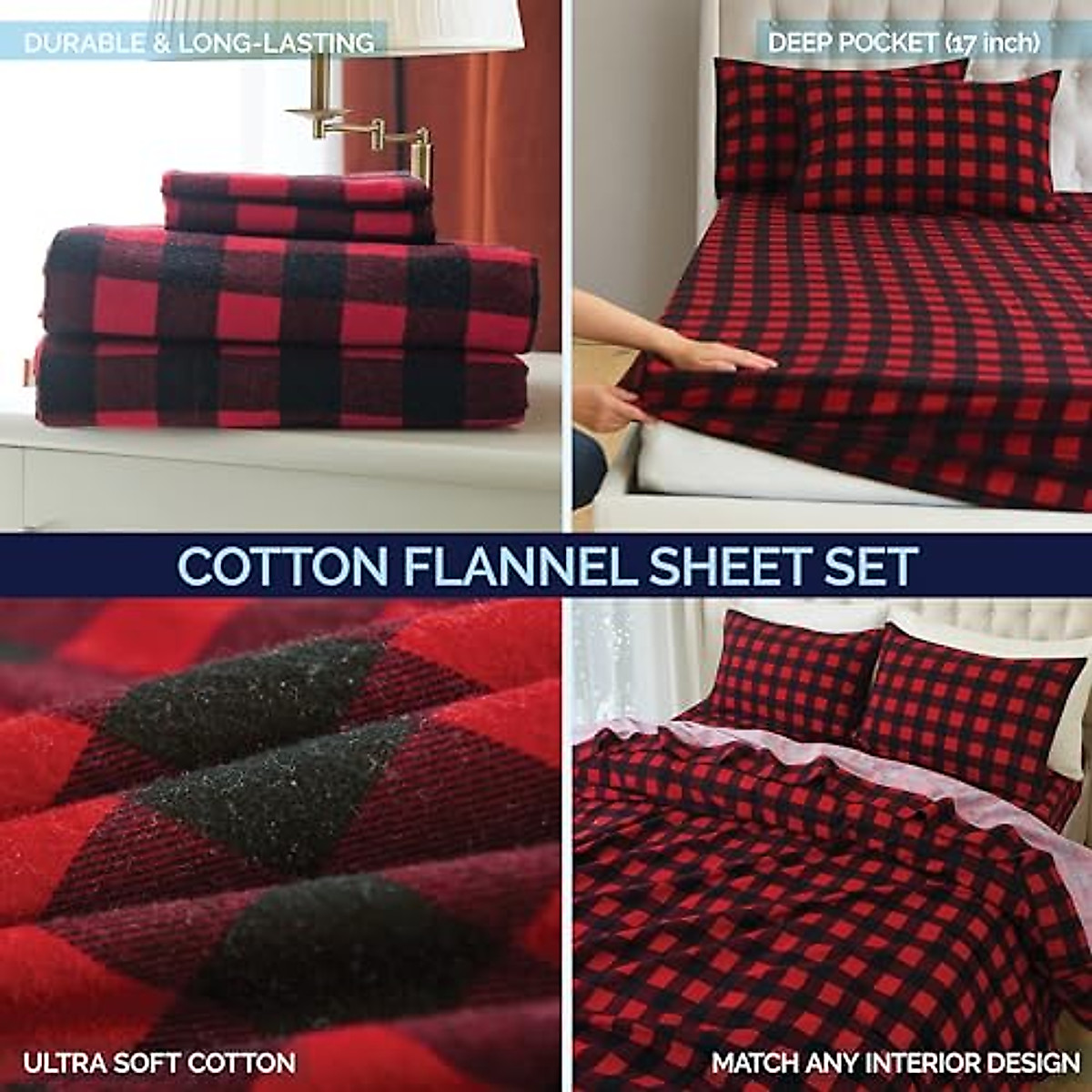 Elegant Comfort Soft 4-Piece 100% Turkish Cotton Flannel Sheet Set - Premium Quality, Deep Pocket Fitted Sheet, Ultra Soft, Cozy Warm Flannel Sheets - King, Buffalo Check Burgundy
