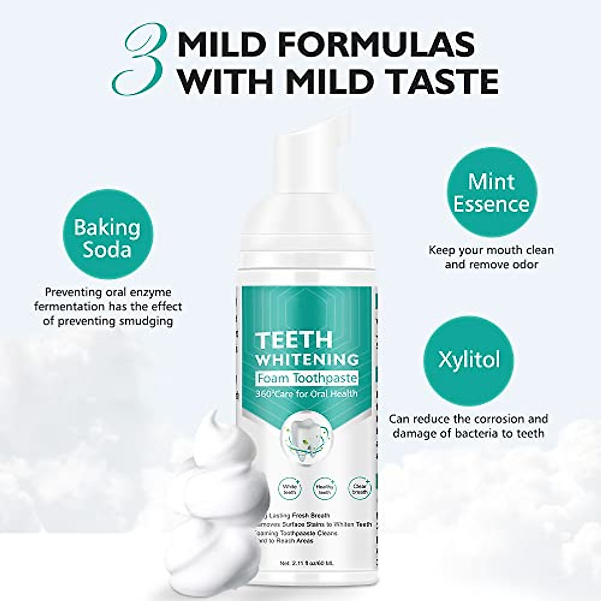 Foam Toothpaste Kids for Electric Toothbrush,Fluoride Free Natural Formula Foam Toothpaste,Ultra-fine Mousse Foam Deeply Cleaning Gums,Stain Removal,Oral Care Toothpaste,Replace Mouthwash,2PCs x 60ml