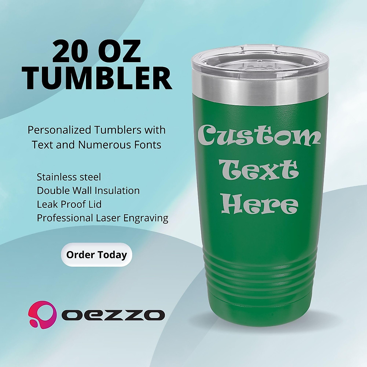 OEZZO Custom Tumbler, Double Wall Personalized Bottles, Laser Engraved Text for Special Occasions (Green, 20oz)