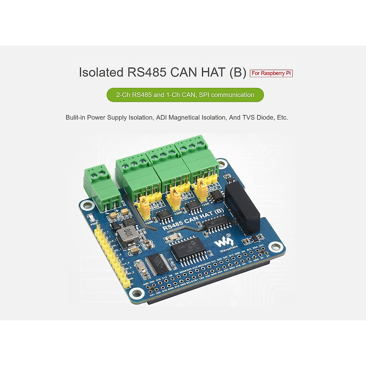 waveshare RS485 CAN HAT for Raspberry Pi, Expand 2-Ch RS485 and 1-Ch CAN, SPI Communication, Industrial Grade Isolation Protections