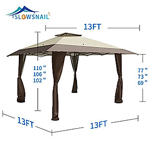 SlowSnail Outdoor Pop Up Gazebo, 13' x 13' Instant Sun Shelter Canopy Tent, Brown