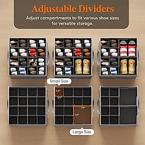 Lifewit Shoe Organizer for Closet, Adjustable Dividers Shoe Storage Fits 16 Pairs, Clear Cover Shoe Box Fits for Boots Heels Sneakers, Foldable Storage Bins with Bottom Support, Light Gray, 2 Pack