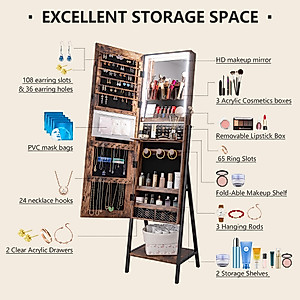 jajov 47.2" LED Jewelry Cabinet Armoire, Standing Full-Length Mirror With Jewelry Storage, Jewelry Organizer Armoire, Lockable Jewelry Mirror Cabinet (Rustic Brown)