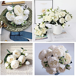 NINAT Peony Artificial Flowers Artificial Bouquet Fake Flowers Silk 20 Heads 16 Buds with Flower Stem for Wedding Valentine's Day Party Home Decoration Pack of 4 (White)
