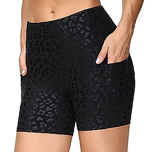 THE GYM PEOPLE High Waist Yoga Shorts for Women Tummy Control Fitness Athletic Workout Running Shorts with Deep Pockets (Large, Black spot Leopard)