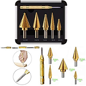 Knoweasy Step Drill Kit - 5PCS HSS Titanium Step Drill with Automatic Center Punch and 50 Sizes of High-Speed Steel Step Drills for Multiple Hole Drilling